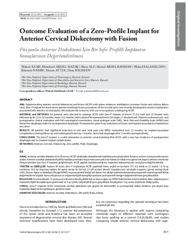 (PDF) Outcome evaluation of a zero-profile implant for anterior ...