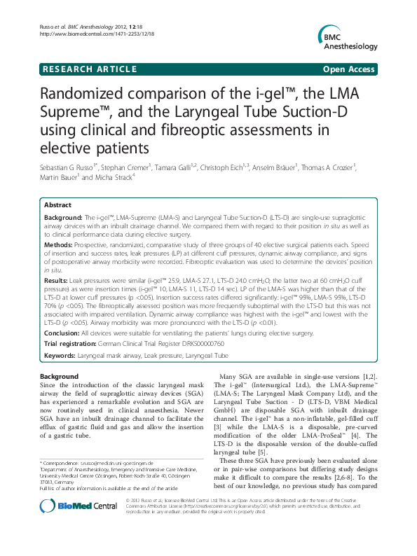 (PDF) Randomized comparison of the i-gel™, the LMA Supreme™, and the ...