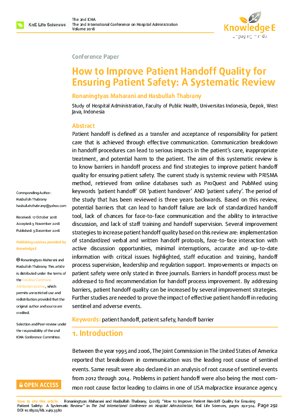 (PDF) How to Improve Patient Handoff Quality for Ensuring Patient Safety: A Systematic Review