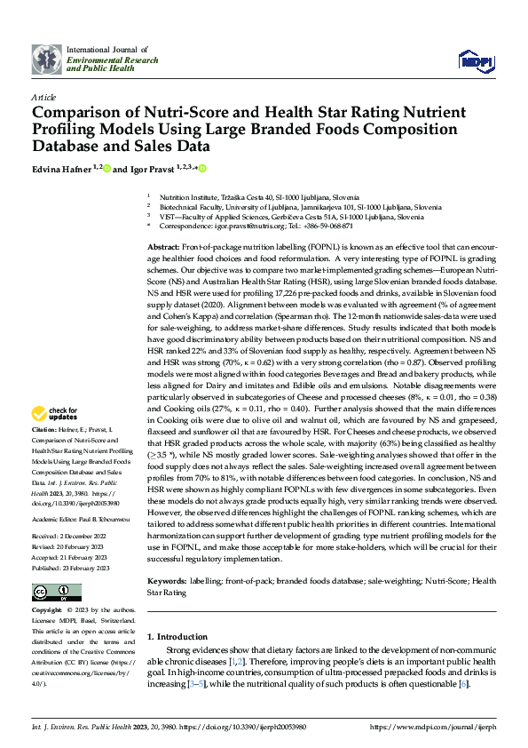 (PDF) Comparison of Nutri-Score and Health Star Rating Nutrient Profiling Models Using Large ...