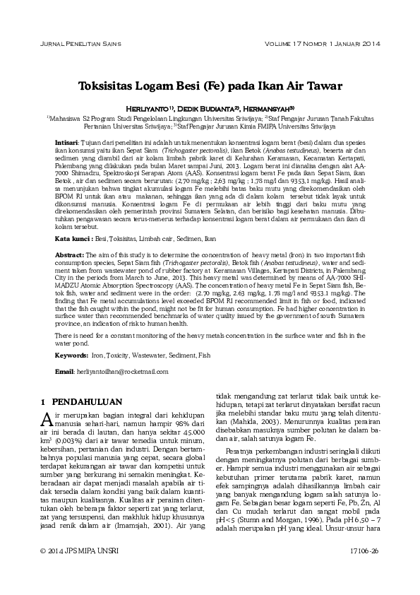 (PDF) Toksisitas Logam Besi (Fe) pada Ikan Air Tawar