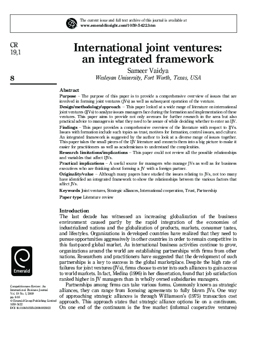 Pdf International Joint Ventures An Integrated Framework