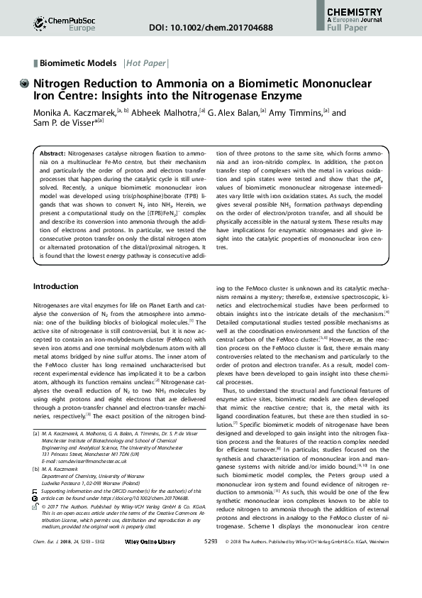 (PDF) Nitrogen Reduction to Ammonia on a Biomimetic Mononuclear Iron ...