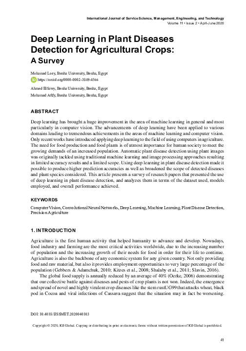Pdf Deep Learning In Plant Diseases Detection For Agricultural Crops