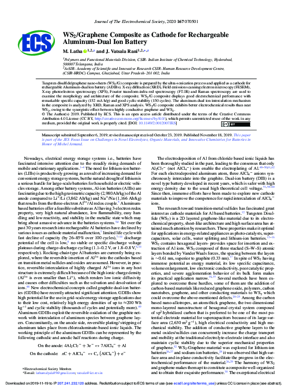 (PDF) WS2/Graphene Composite as Cathode for Rechargeable Aluminum-Dual ...