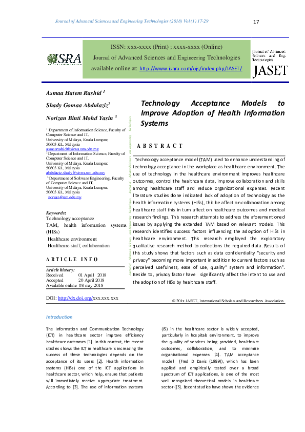 (PDF) Technology Acceptance Models to Improve Adoption of Health ...