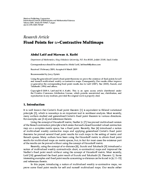 (PDF) Fixed Points forw-Contractive Multimaps