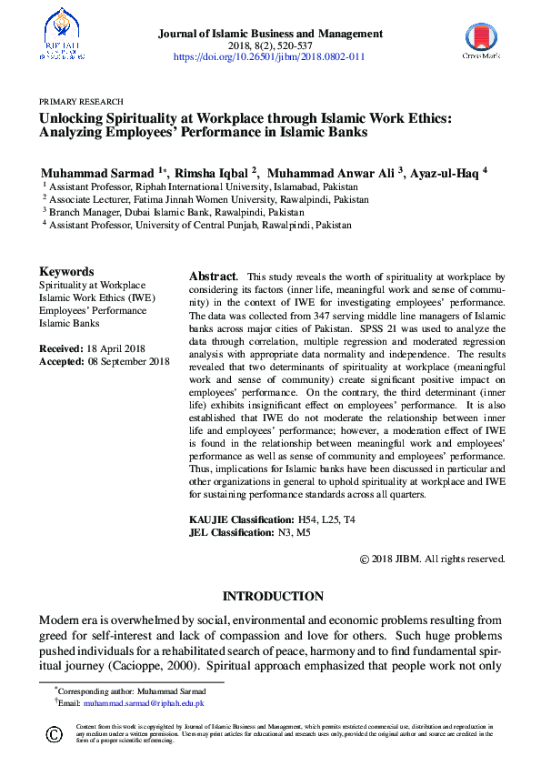 (PDF) Unlocking Spirituality at Workplace through Islamic Work Ethics: Analyzing Employees ...