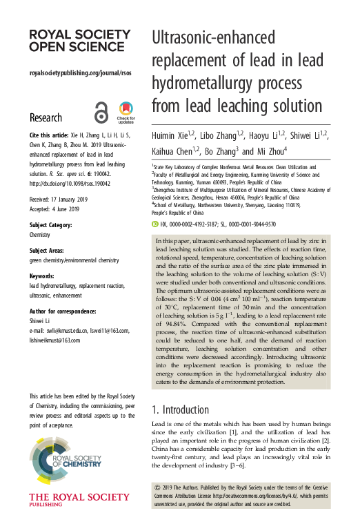(PDF) Ultrasonic-enhanced replacement of lead in lead hydrometallurgy ...