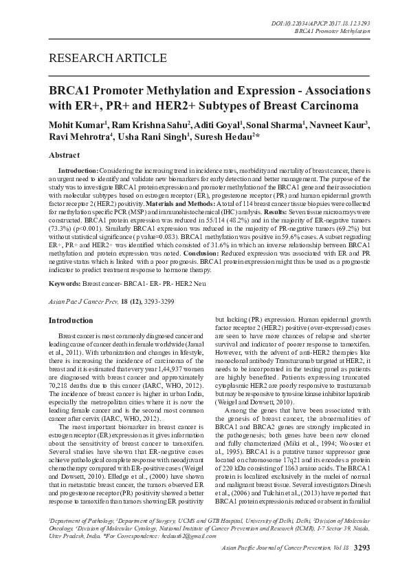 (PDF) BRCA1 Promoter Methylation and Expression - Associations with ER+ ...