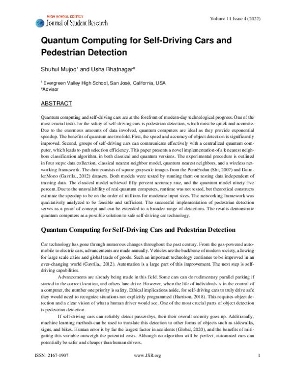 (PDF) Quantum Computing for Self-Driving Cars and Pedestrian Detection