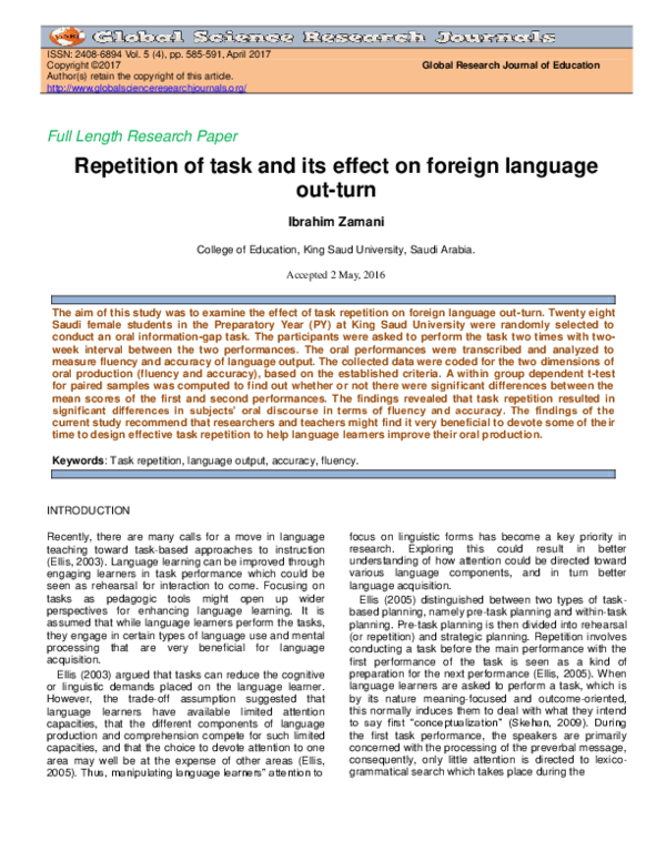 (PDF) Repetition of task and its effect on foreign language out-turn