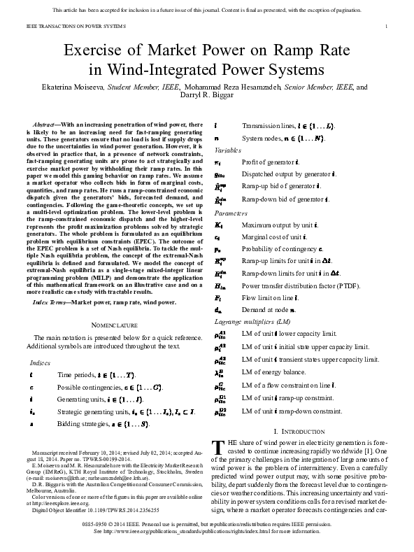 (PDF) Exercise of Market Power on Ramp Rate in Wind-Integrated Power ...