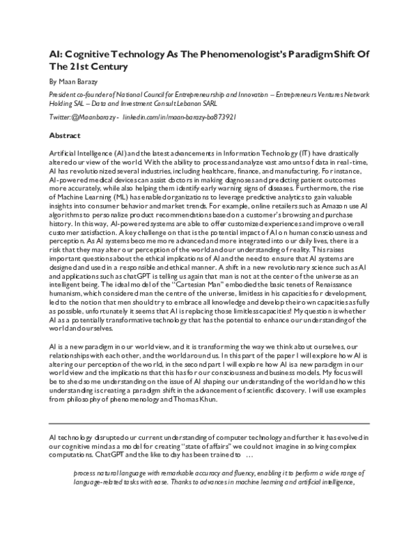 (PDF) AI: Cognitive Technology As The Phenomenologist's Paradigm Shift ...