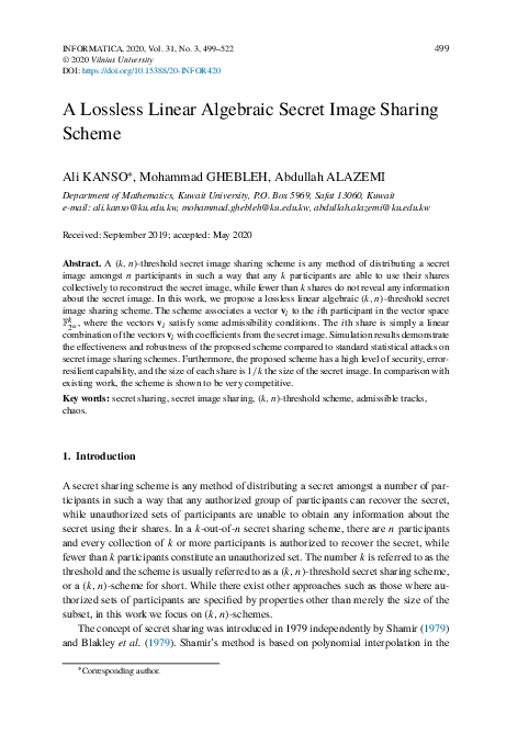 (PDF) A Lossless Linear Algebraic Secret Image Sharing Scheme