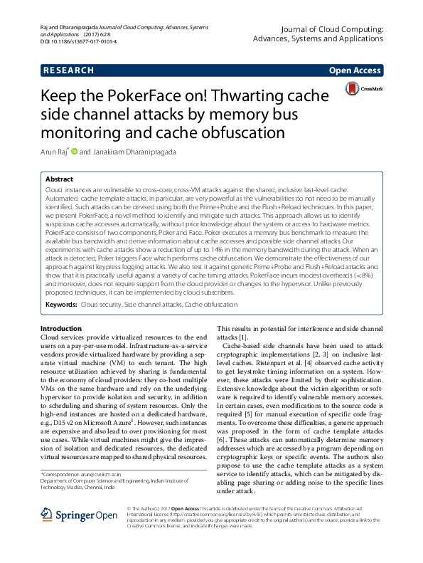 (PDF) Keep the PokerFace on! Thwarting cache side channel attacks by memory bus monitoring and ...
