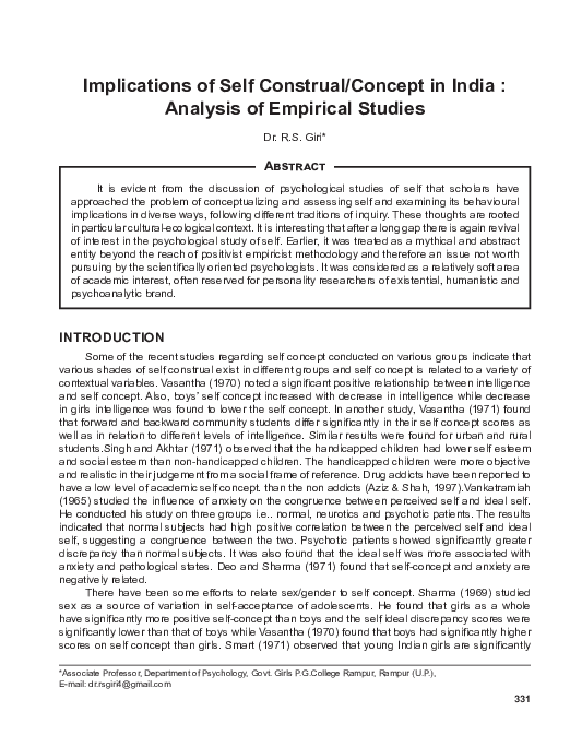 (PDF) Implications of Self Construal/Concept in India : Analysis of Empirical Studies