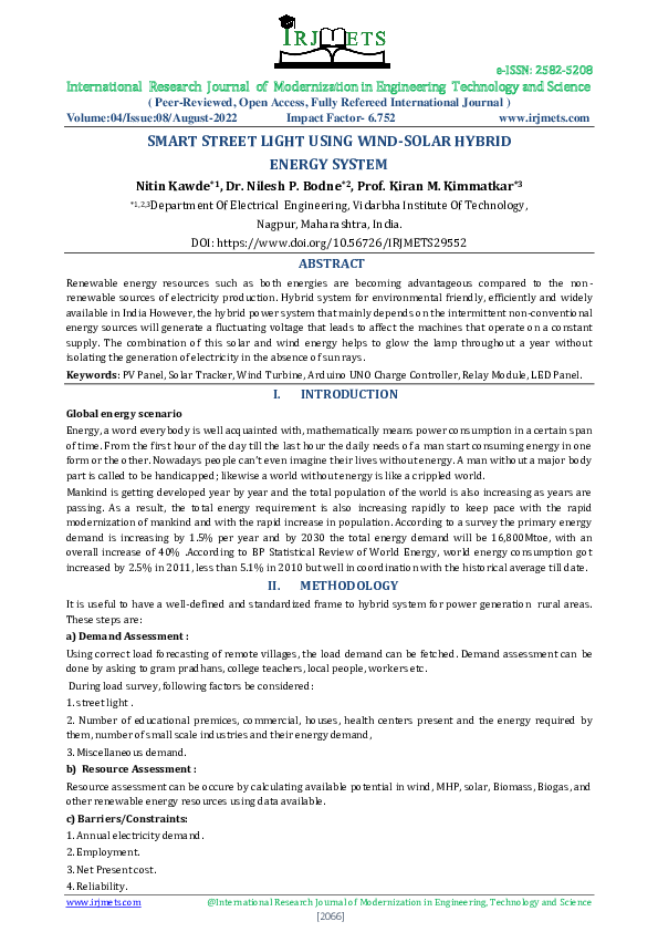 (PDF) Smart Street Light Using Wind-Solar Hybrid Energy System