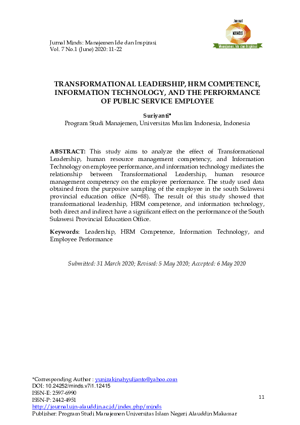(PDF) Transformational Leadership, HRM Competence, Information Technology, and the Performance ...