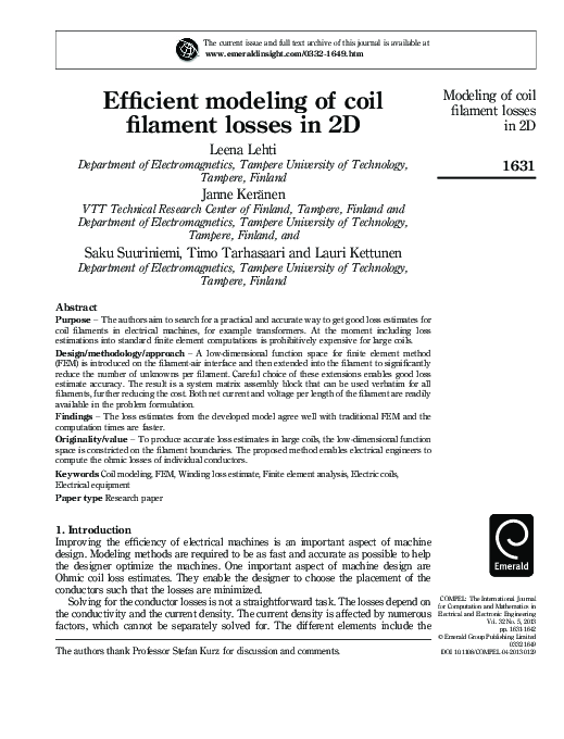 Pdf Efficient Modeling Of Coil Filament Losses In 2d