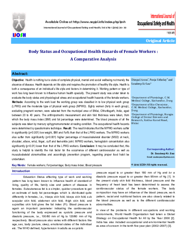 (PDF) Body Status and Occupational Health Hazards of Female Workers : A ...