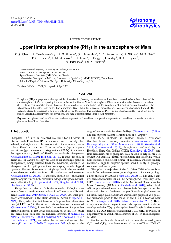 (PDF) Upper limits for phosphine (PH3) in the atmosphere of Mars