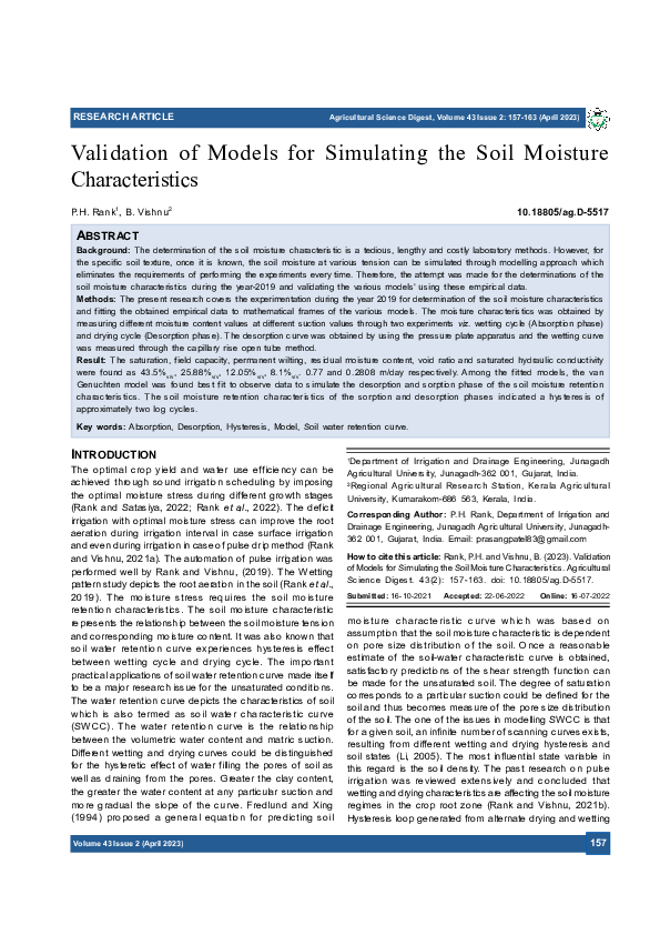 (PDF) Validation of Models for Simulating the Soil Moisture Characteristics