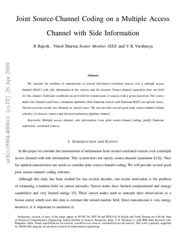 (PDF) Distributed joint source channel coding on a multiple access channel with side information ...