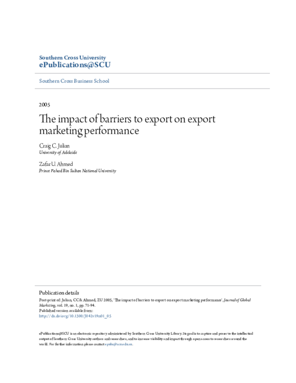 (PDF) The Impact of Barriers to Export on Export Marketing Performance