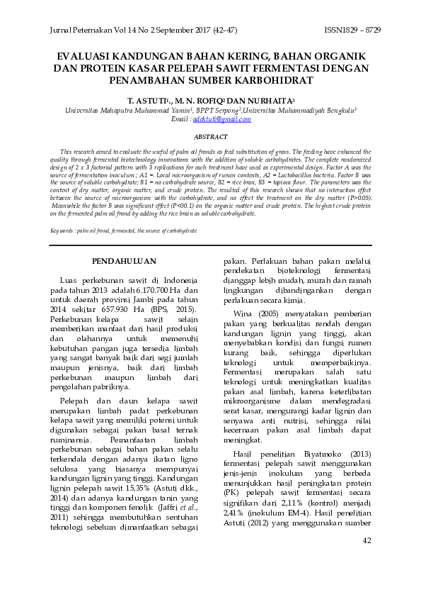 (PDF) Evaluasi Kandungan Bahan Kering, Bahan Organik Dan Protein Kasar Pelepah Sawit Fermentasi ...