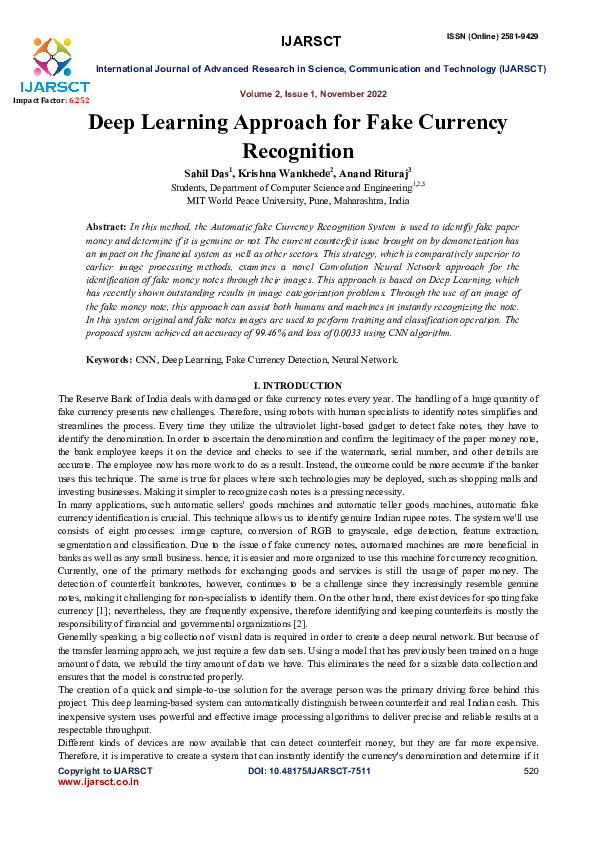 (PDF) Deep Learning Approach for Fake Currency Recognition