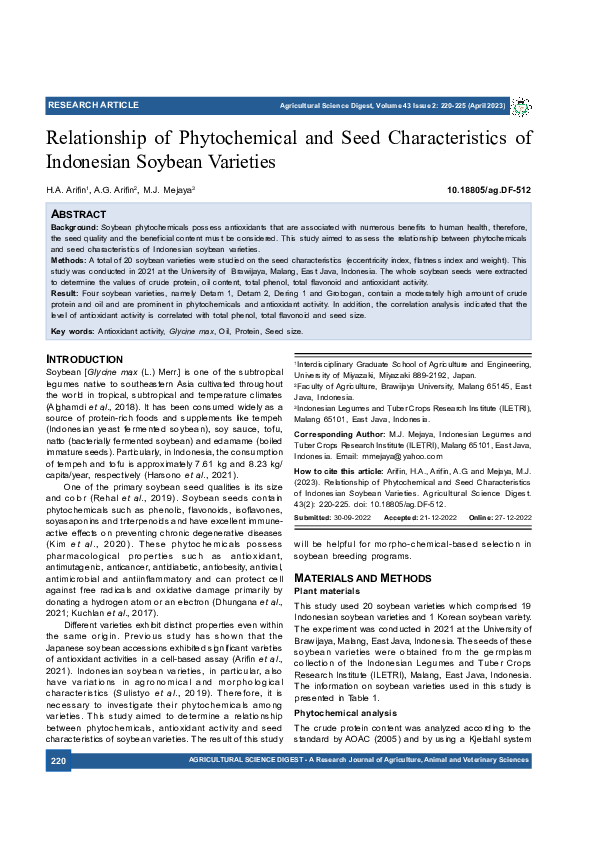 (PDF) Relationship of Phytochemical and Seed Characteristics of Indonesian Soybean Varieties
