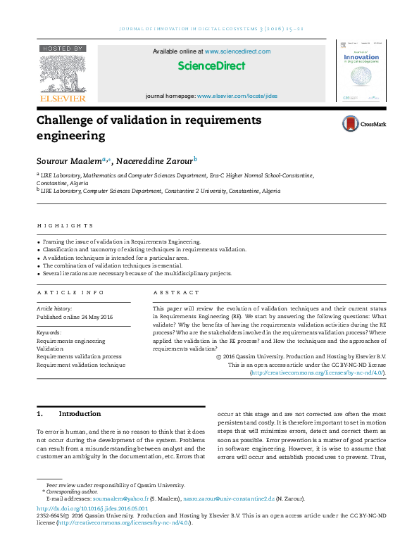 (PDF) Challenge of validation in requirements engineering