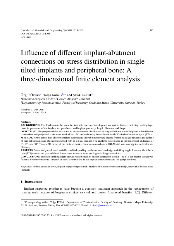 Pdf Influence Of Different Implant Abutment Connections On Stress Distribution In Single