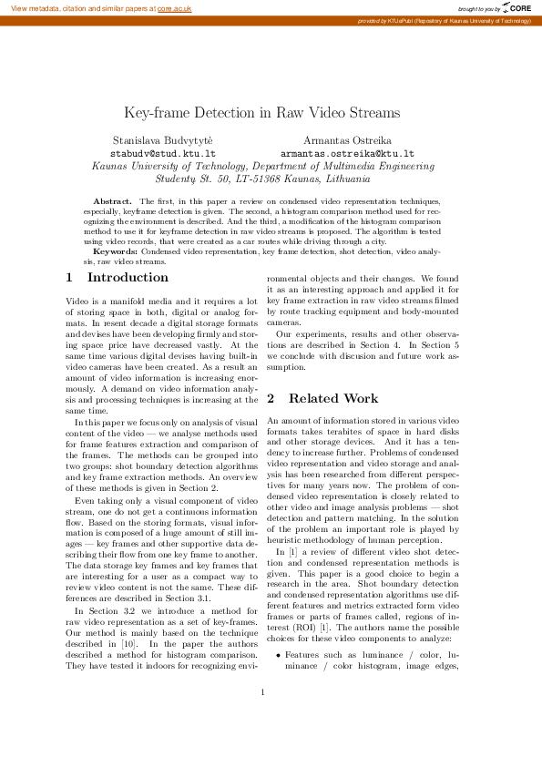 (PDF) Key-frame Detection in Raw Video Streams