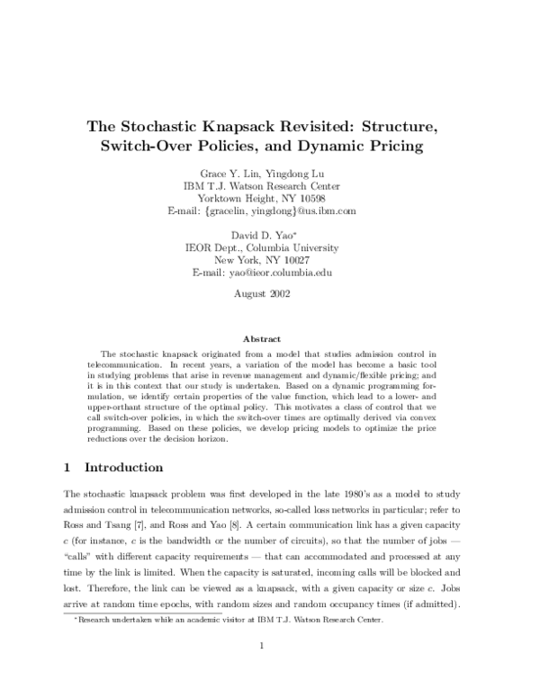 Pdf The Stochastic Knapsack Revisited Structure Switch Over Policies And Dynamic Pricing
