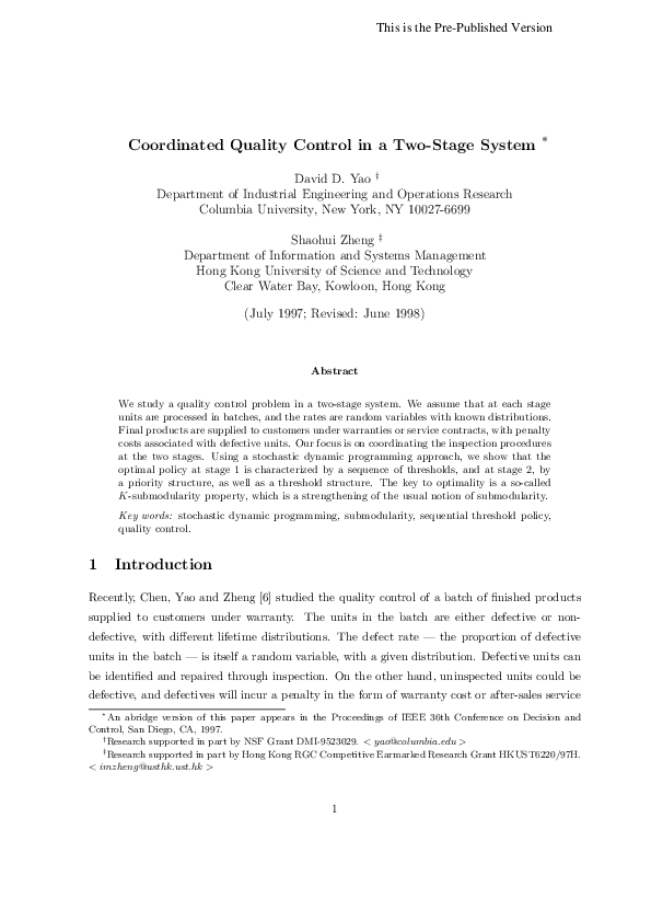 (PDF) Coordinated quality control in a two-stage system
