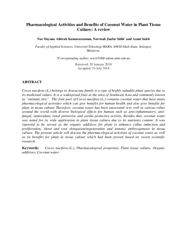 (PDF) Pharmacological Activities and Benefits of Coconut Water in Plant ...