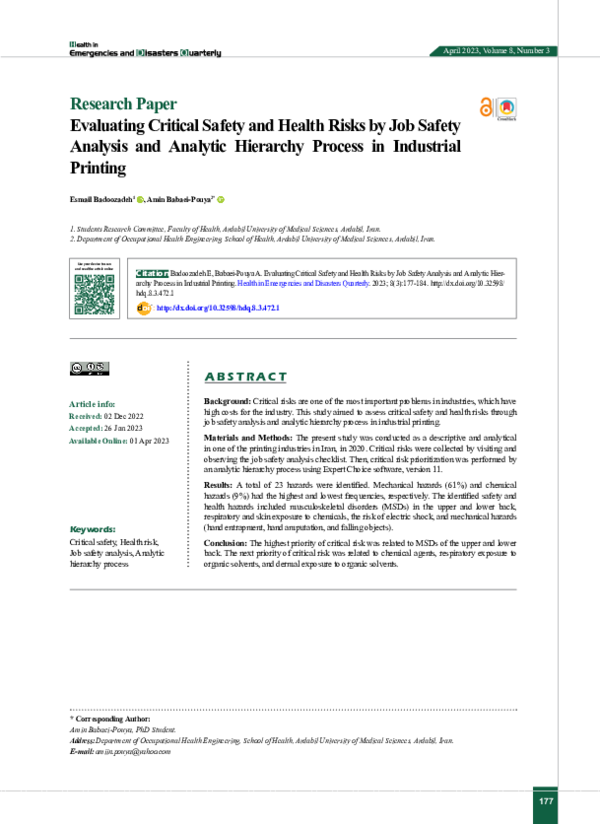Pdf Evaluating Critical Safety And Health Risks By Job Safety Analysis And Analytic Hierarchy