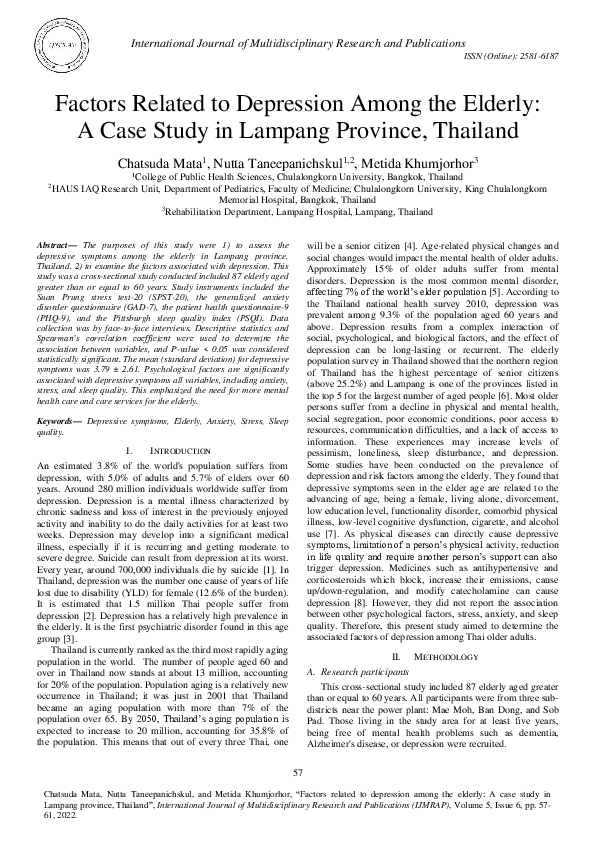(PDF) Factors Related to Depression Among the Elderly: A Case Study in ...