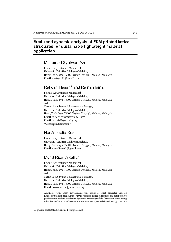 (PDF) Static and dynamic analysis of FDM printed lattice structures for ...