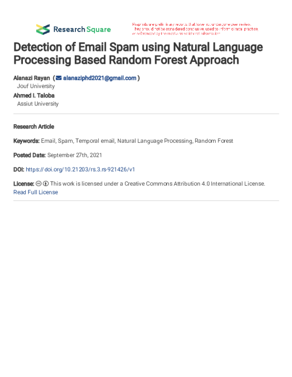 (PDF) Detection of Email Spam using Natural Language Processing Based ...
