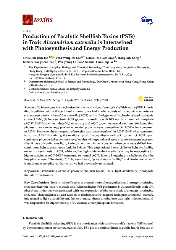 (PDF) Production of Paralytic Shellfish Toxins (PSTs) in Toxic Alexandrium catenella is ...
