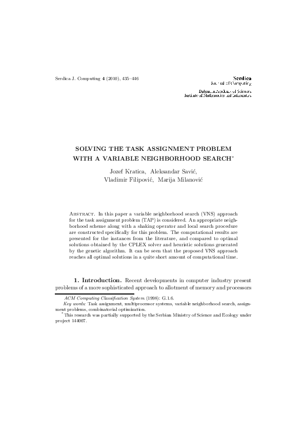 Pdf Solving The Task Assignment Problem With A Variable Neighborhood Search Marija Milanovic
