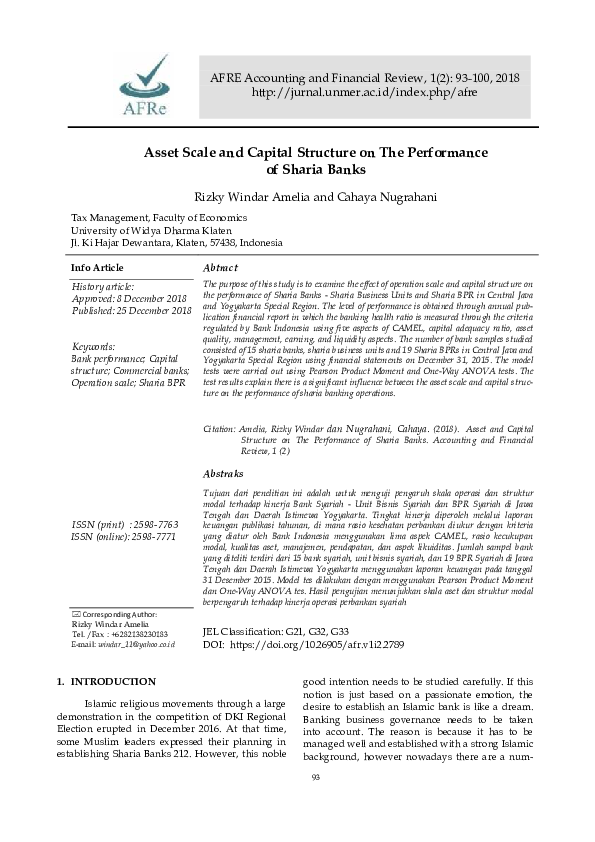 (PDF) Asset Scale and Capital Structure on The Performance of Sharia Banks