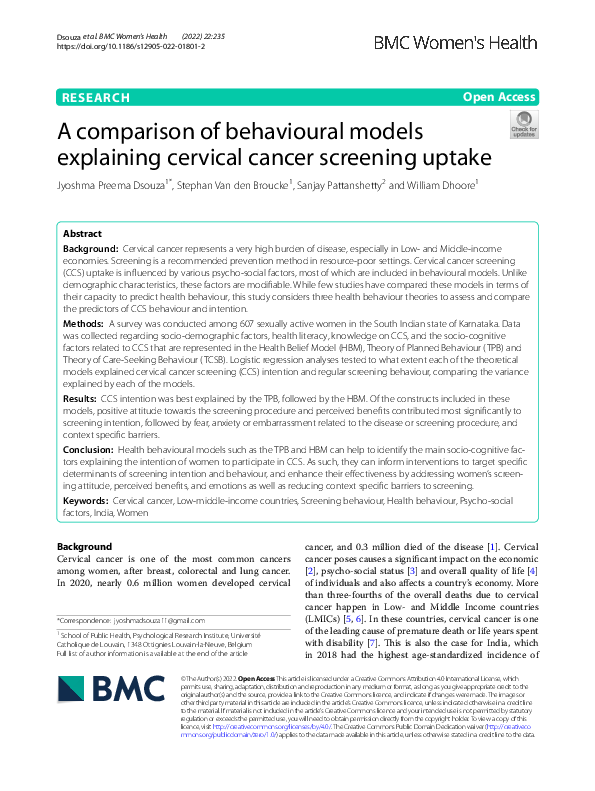 (PDF) A comparison of behavioural models explaining cervical cancer ...