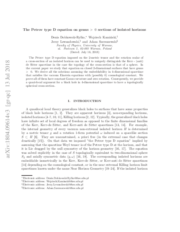 (PDF) The Petrov type D equation on genus >0 sections of isolated horizons