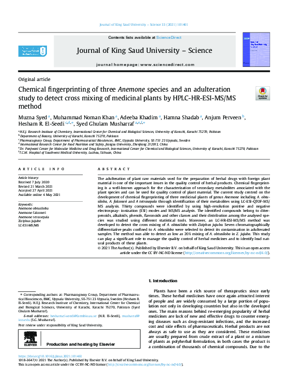 (PDF) Chemical fingerprinting of three Anemone species and an adulteration study to detect cross ...