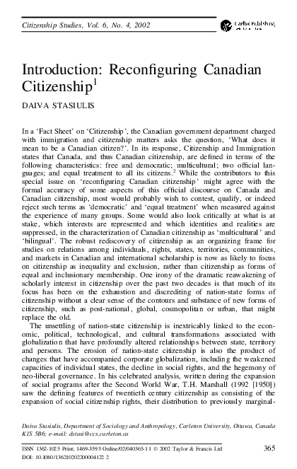 (PDF) Introduction: Recon guring Canadian Citizenship