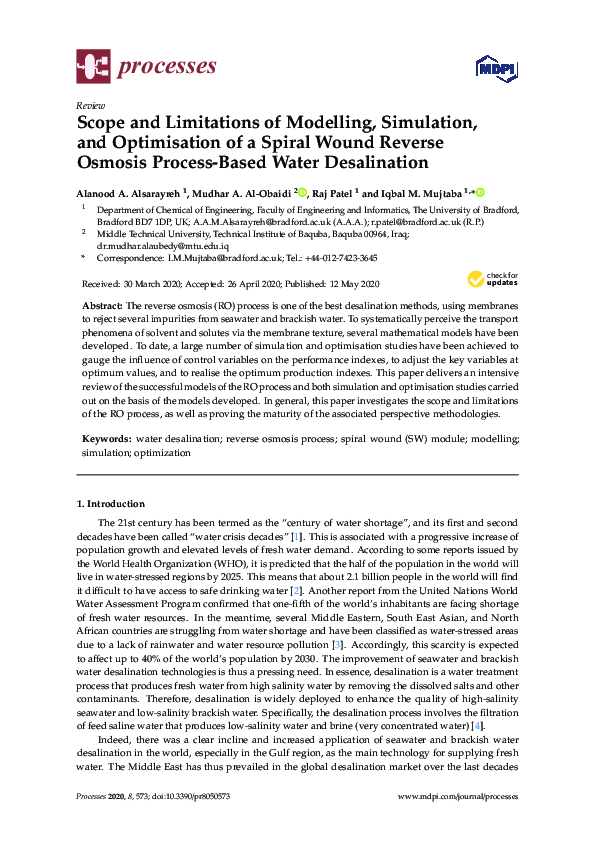(PDF) Scope and Limitations of Modelling, Simulation, and Optimisation of a Spiral Wound Reverse ...